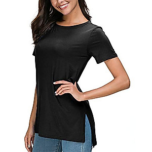 Herou Women Black Short Sleeve Tops Casual Summer Crewneck T-Shirt Tees with Side Split Black X-Large
