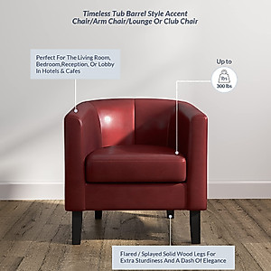 BELLEZE Living Room Chair, Faux Leather Round Accent Barrel Chair, Club Tub Sofa Chair for Bedroom, Corner Chair with Flared Legs and Cozy Soft Padding - Highland (Red)