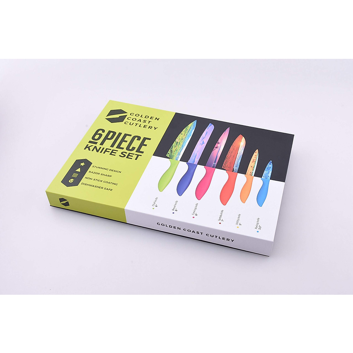 Golden Coast Cutlery Colored Kitchen Chef Knife Set - Beautifully Designed Razor-Sharp Large and Small Cooking Knives with Non-Stick Surface Finish and Gift Box