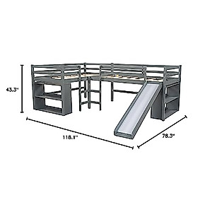 GLORHOME L-Shaped Twin Size Loft Bed, Space Saving Corner Loftbed Frame with Slide, Movable Two-Tier Shelves and Full-Length Guardrail for Kids,Modern Bedroom Furniture, Grey (Low loft Bed)