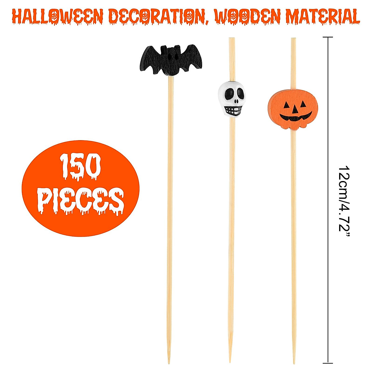 ASTARON 150 Counts Halloween Pumpkin Cocktail Picks for Halloween Party Supplies Wooden Bats and Skull Cocktail Picks 4.7 in Appetizer Picks Fruit Forks for Halloween Decorations