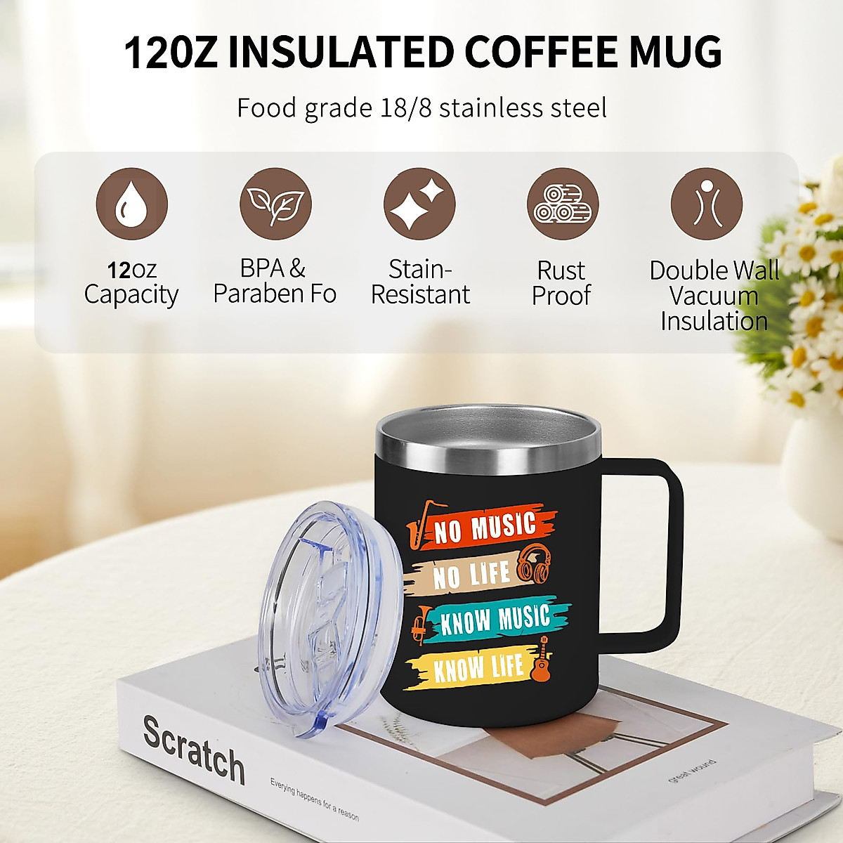 WFSJRED Theater Gifts 12 oz Insulated Mug for Coffee Mug with Leak-Resistant closeable hot lid for hot Drinks with Handle Broadway Gifts for Musicians (NO MUSIC)