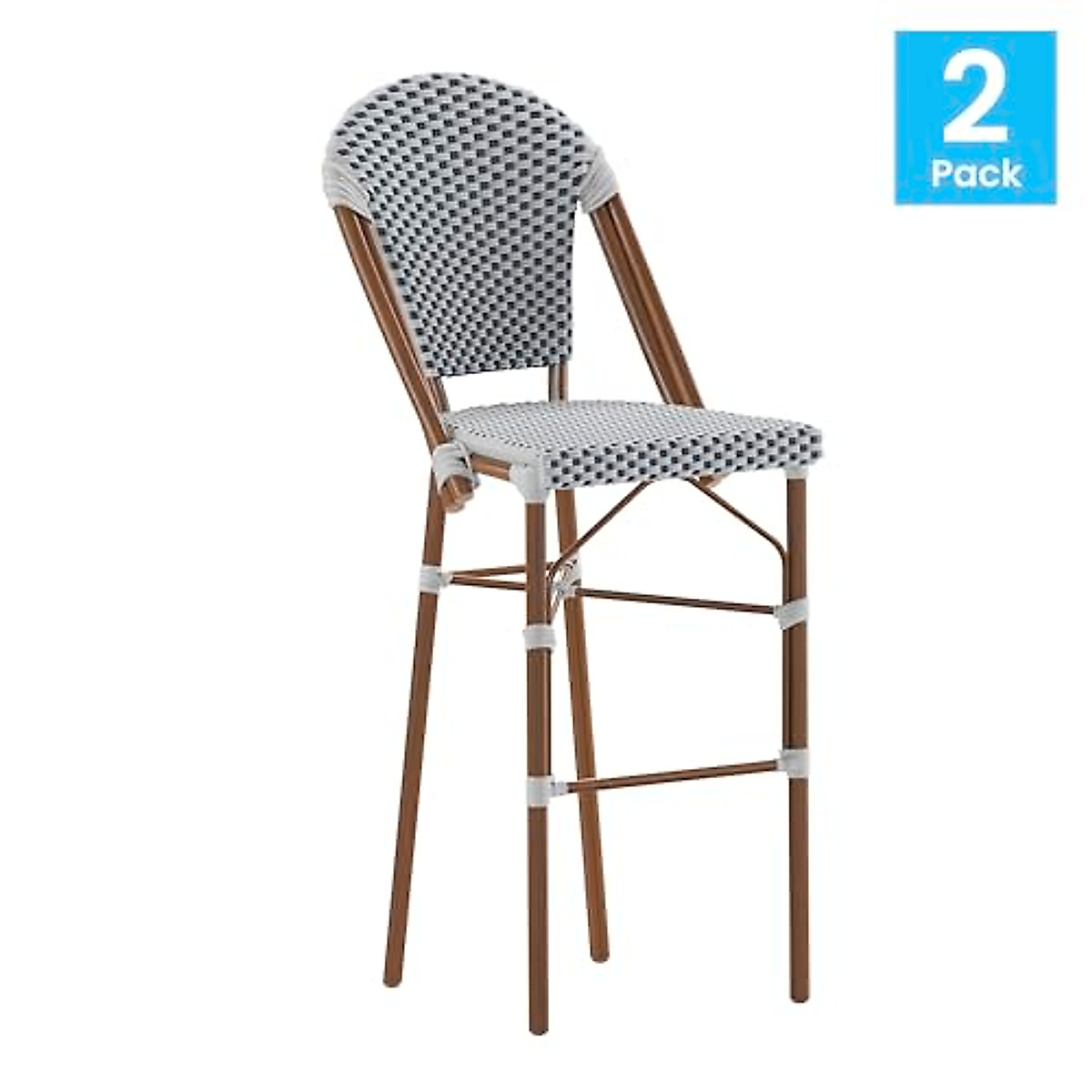 Flash Furniture Lourdes Commercial Grade Bistro Bar Height Stool, Stackable Indoor/Outdoor Dining Stool, 30" High, White/Navy and Bamboo Finish, Set of 2