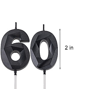 2 inch Black 60 Birthday Candles, 3D Diamond Number 60 Cake Topper for Men Women Birthday Party Decorations Theme Party