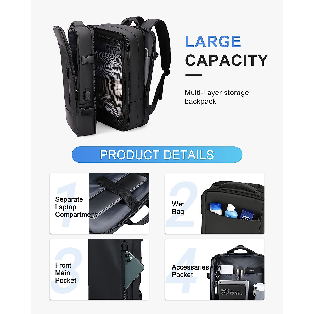 VECAVE Travel Backpack for Women Men Black Carry On Backpack,Expandable Airline Airplane Approved Weekenders Backpack,Fit 15.6 Inch Laptop Waterproof 40L Travel Backpack