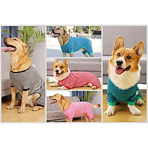 Dog Pajamas Cotton Striped Pup Jumpsuit, Breathable 4 Legs Basic Pjs Shirts for Puppy and Cat, Super Soft Stretchable Dog Jammies Boys Girls (Medium, White Red+Black)