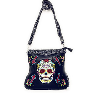 Western Sugar Skull Embroidery Rhinestone Cross Conceal Carry Crossbody Bag Set (Black)