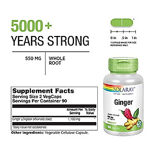 SOLARAY Ginger Root 1100mg | Healthy Digestion, Joints and Motion & Stomach Discomfort Support | Whole Root | Non-GMO & Vegan | 180 VegCaps