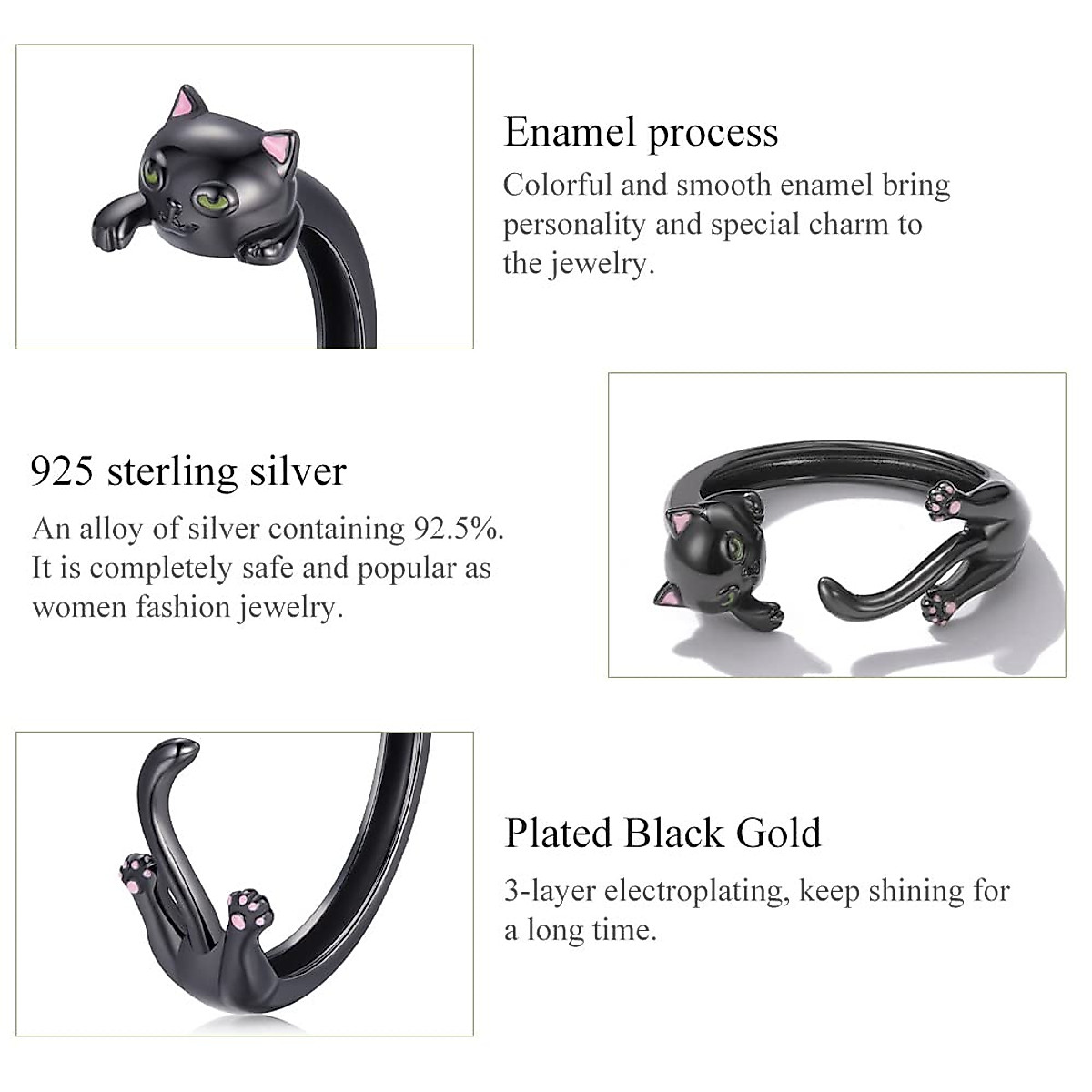 RUKYF 925 Sterling Silver Black Cat Rings with Black Gold Plating Dainty Stackable Adjustable Rings for Women Men Cute Cat Gifts for Cat Lovers