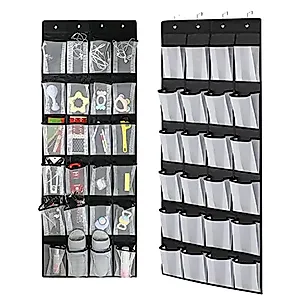 CdyBox 24 Grid Door Rear Finishing Storage Hanging with 4 Silver-plated Metal Hooks Over the Door Shoe Organizer (Black)