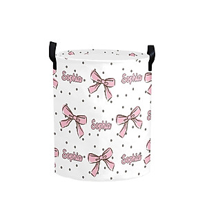 Personalized Laundry Basket Hamper,Pink Bow Dots Name Text,Collapsible Storage Baskets with Handles for Kids Room,Clothes, Nursery Decor