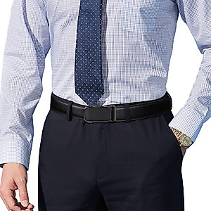 SENDEFN Men's Leather Belt Automatic Ratchet Buckle Slide Belt for Dress Casual Trim to Fit with Gift Box(A-black-42)