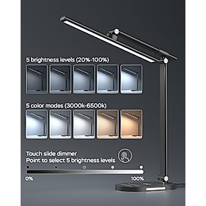 XREY LED Desk Lamp with Wireless Charger, USB Charging Port, Desk Lamp Touch Control Dimmable with 5 Color Modes & 5 Brightness, Eye Caring Desk Lamp, 2 Night Lights (Black)
