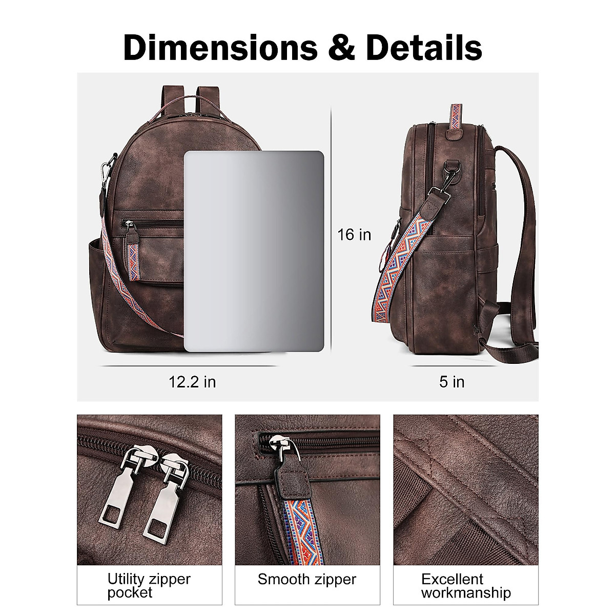 FADEON Leather Laptop Backpack for Women PU Computer Backpack, Designer Travel Back Pack Purse with Laptop Compartment Coffee