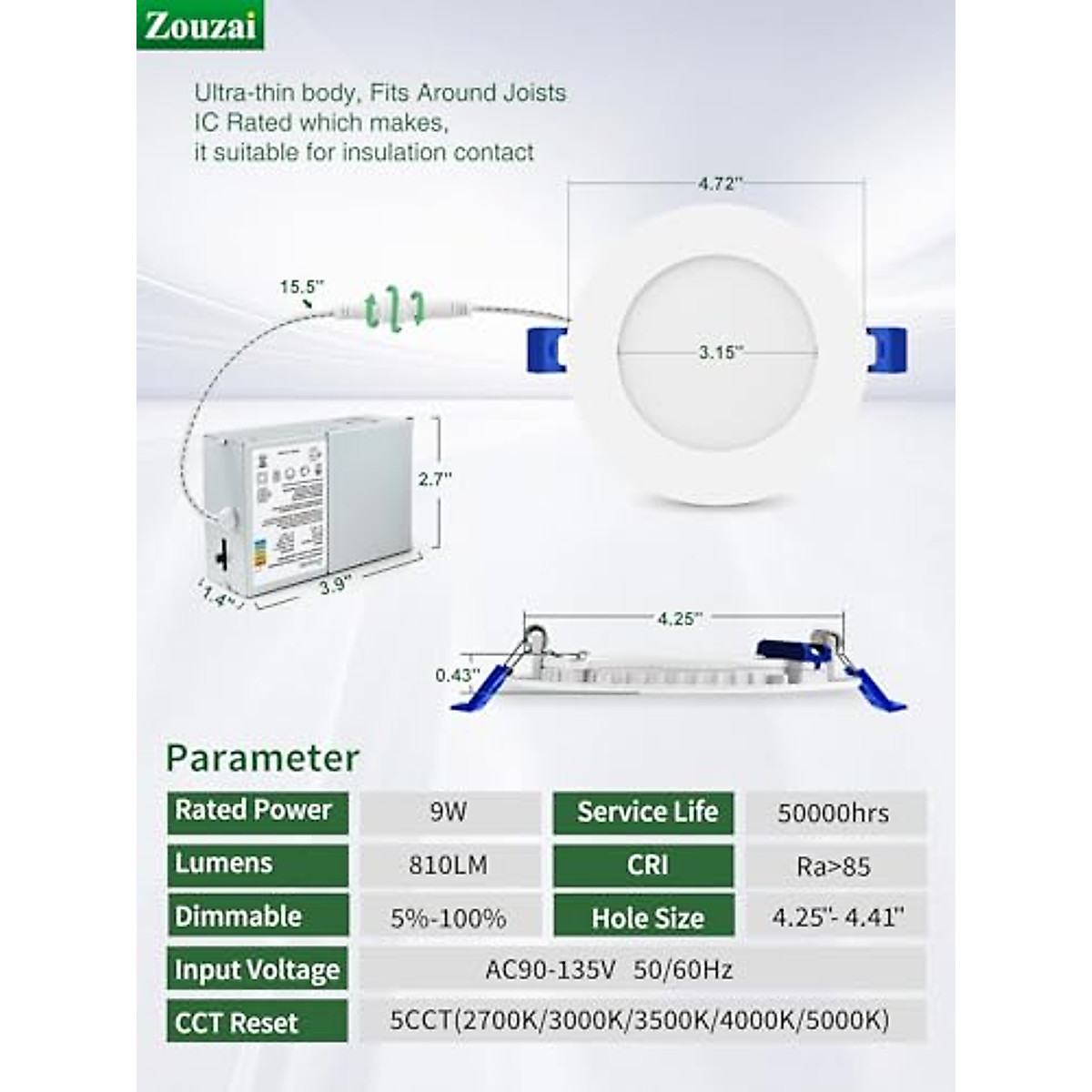 zouzai 24 Pack 4 Inch Ultra-Thin LED Recessed Ceiling Light with Junction Box 5CCT Adjustable Dimmable Can-Killer Downlight - ETL and Energy Star Certified (24 Pack 5CCT White, 4 Inch)