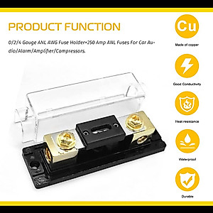 Apeixoto 0/2/4 Gauge AWG Inline ANL Fuse Holder with250 Amp Fuse and Cover Car Audio Fuse Block Holder 250A