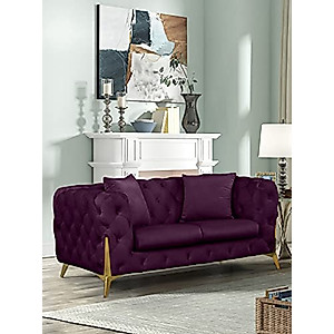 Meridian Furniture Kingdom Collection Velvet Upholstered Loveseat with Deep Button Tufting & Sturdy Gold Metal Legs, Purple