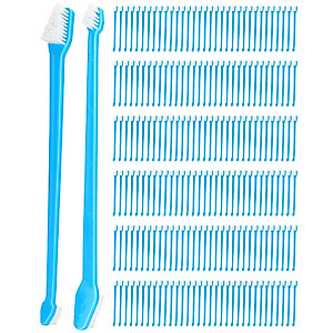 QWORK Double-Headed Pet Toothbrushes for Dogs and Cats, 8.66" Length, Soft Nylon Bristles, Blue, Dental Care Cleaning Kit for Pets, 200 Pcs