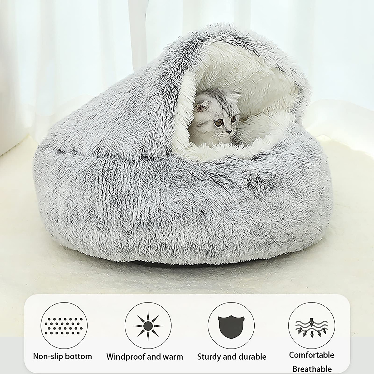 Calming Dog Bed Fluffy Plush Pet Bed Donut Cuddler Nest Warm Soft Plush Dog Cat Cushion with Cozy Sponge Non-Slip Bottom Washable Anti Anxiety Small Medium Dog Bed (Color : Gray, Size : 50