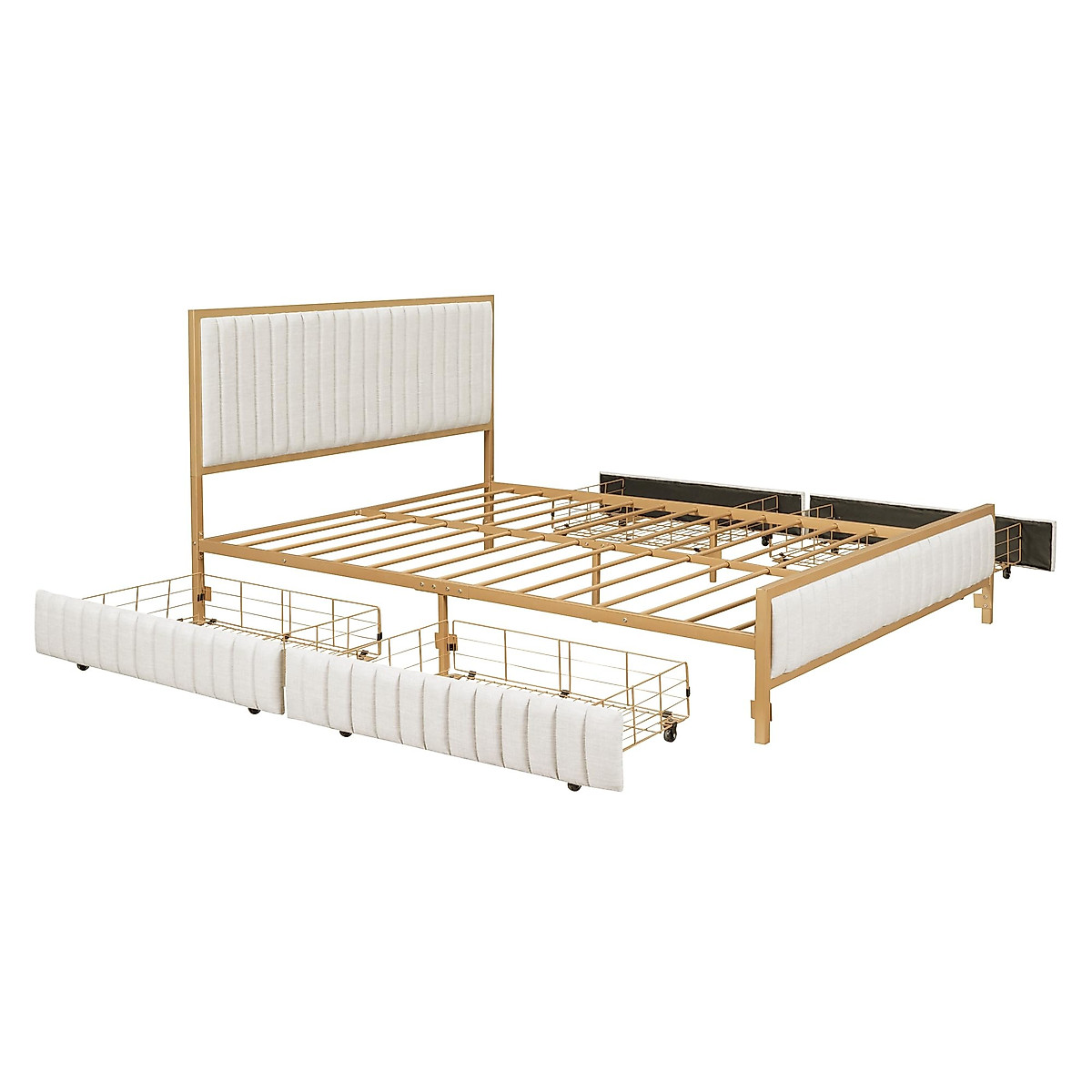 SIYSNKSI Queen Size Metal Frame Upholstered Bed with 4 Drawers, Linen Fabric Platform Bed with Metal Slats Support and Headboard, Storage Platform Bed for Kids Teens Bedroom (Beige + Linen-39)