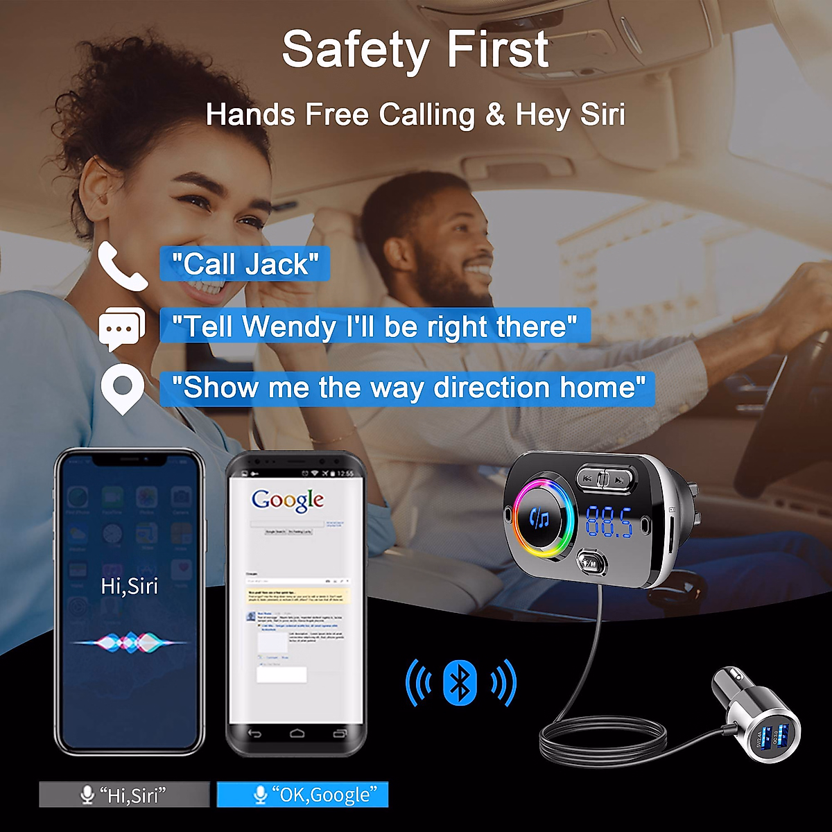 Bluetooth Car Adapter, Wireless Bluetooth 5.0 FM Transmitter for Car, QC 3.0 Fast Car Charger, MP3 Music Player Hand-Free Call 7 Colors LED Backlit Dual USB Ports TF Card AUX