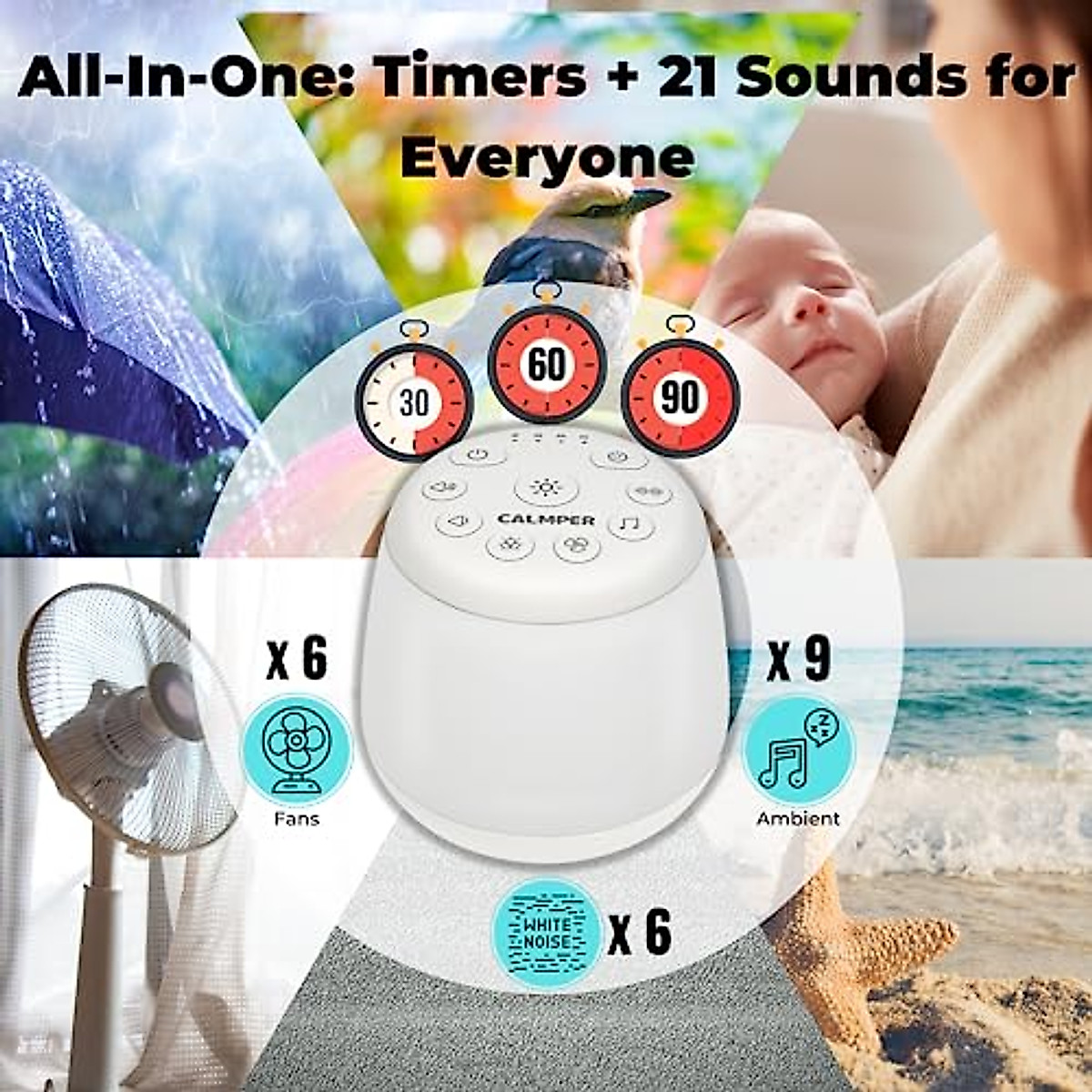 CALMPER Portable Sound Machine with Light and Timer - 21 Sounds, 8 Colors Dimmable Light, Long Lasting Battery - Adult & Baby White Noise Machine for Sleeping 2 Year Warranty