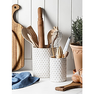LE TAUCI Utensil Holder, 7.1" Ceramic Kitchen Utensil Holder for Counter top, Embossed Cooking Utensil Organizer for Spatula & Spoon, Kitchen Decor, Set of 1, Arctic White, Clover