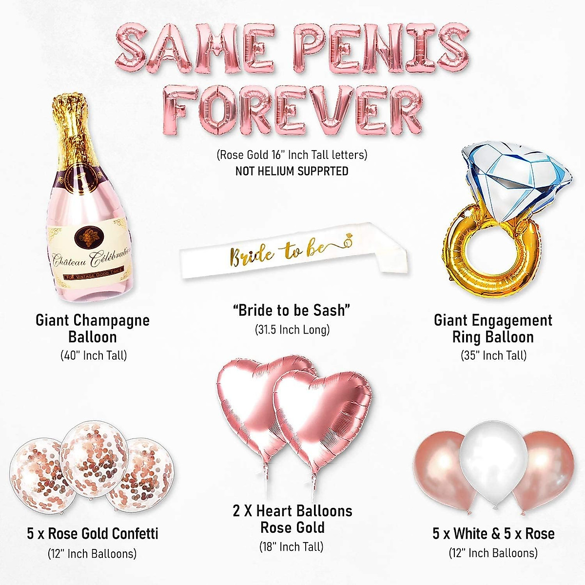 PartyForever Bachelorette Party Balloons Set with Rose Gold 16" Letters and Ring Balloon - Bachelorette Party Decorations Kit - Hen Party Supplies Bridal Shower Decorations