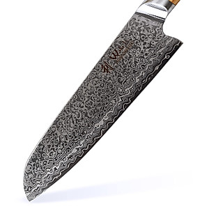 Wakoli Santoku Knife, 7-inch Blade Damascus Chef Knife made from 67 Layers of Damascus Steel with VG10 Core, Sharp Kitchen Knives with Olive Wood Handle, Meat Knife for All Tasks in Gift Box (Oribu)