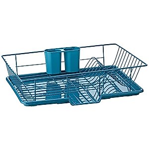 Sweet Home Collection 3 Piece Dish Drainer Rack Set with Drying Board and Utensil Holder, 12" x 19" x 5", Teal