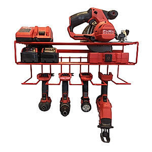 C2M Heavy Duty Floating Tool Shelf & Organizer | Wall Mounted Garage Storage Rack for Handheld & Power Tools | USA Made, 100# Weight Limit, Compact Steel Design | Perfect for Milwaukee Tools | Red