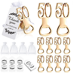 50 Pieces Golden Bottle Opener Set Birthday Party Favor Opener with White Sheer Organza Bags Thank You Tags Birthday Wedding Anniversaries Souvenirs Favors Decorations for Guests(50th)