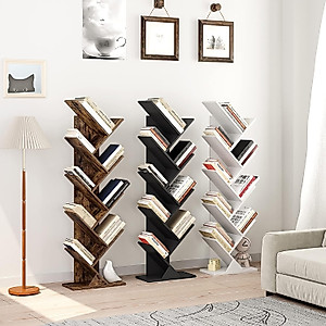 Function Home 9 Tier Tree Bookshelf, Modern Tall Geometric Bookcase, Freestanding Book Shelf, Wood Floor Storage Shelf for Living Room, Bedroom, Home Office,Rustic Brown