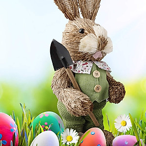 Alapaste Standing Easter Bunny Figures,14.2inch Funny Sisal Easter Bunny Holding Shovel Wearing Green Nest for Party and Home Garden Decor, for Kids