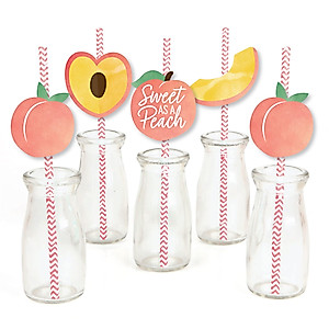 Big Dot of Happiness Sweet as a Peach - Paper Straw Decor - Fruit Themed Baby Shower or Birthday Party Striped Decorative Straws - Set of 24