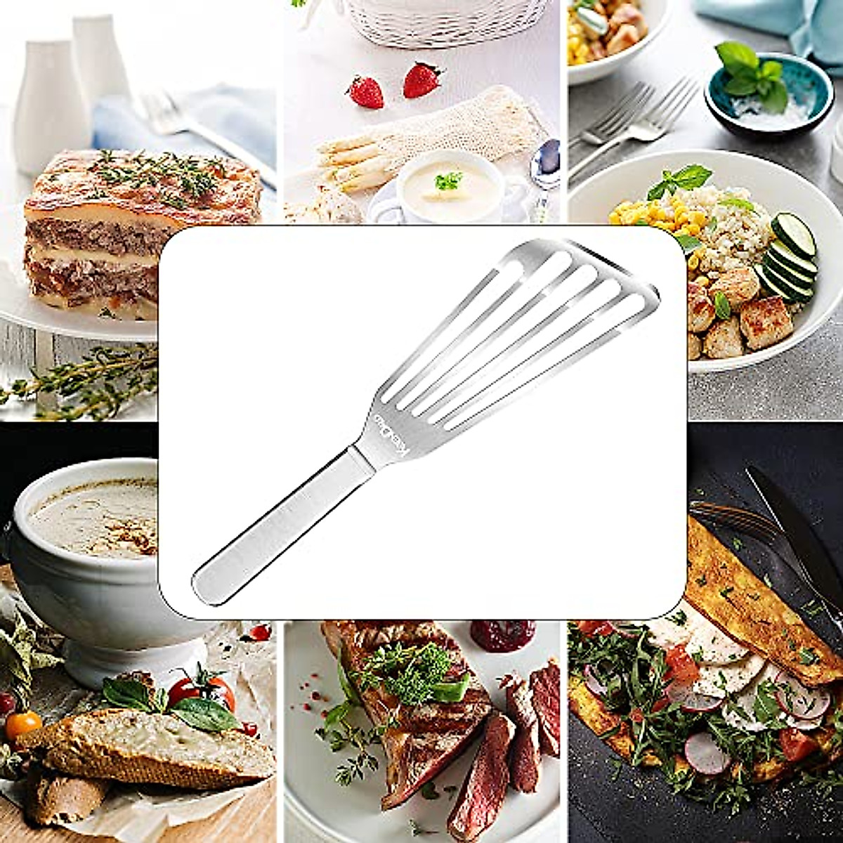 KSENDALO 11.8inch Fish Spatula Stainless Steel Elegant Flexible Sturdy Thin Blade Slotted Spatula for Cooking Slotted Engled Flexible Flipper Egg Spatula (Silver)