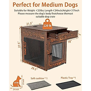 Piskyet Dog Crate Furniture,Wooden Dog Crate End Table with Storage Drawer&Cushion&Tray, QC3.0 Wireless Charging,Dual USB,Medium Dogs Rustic Style