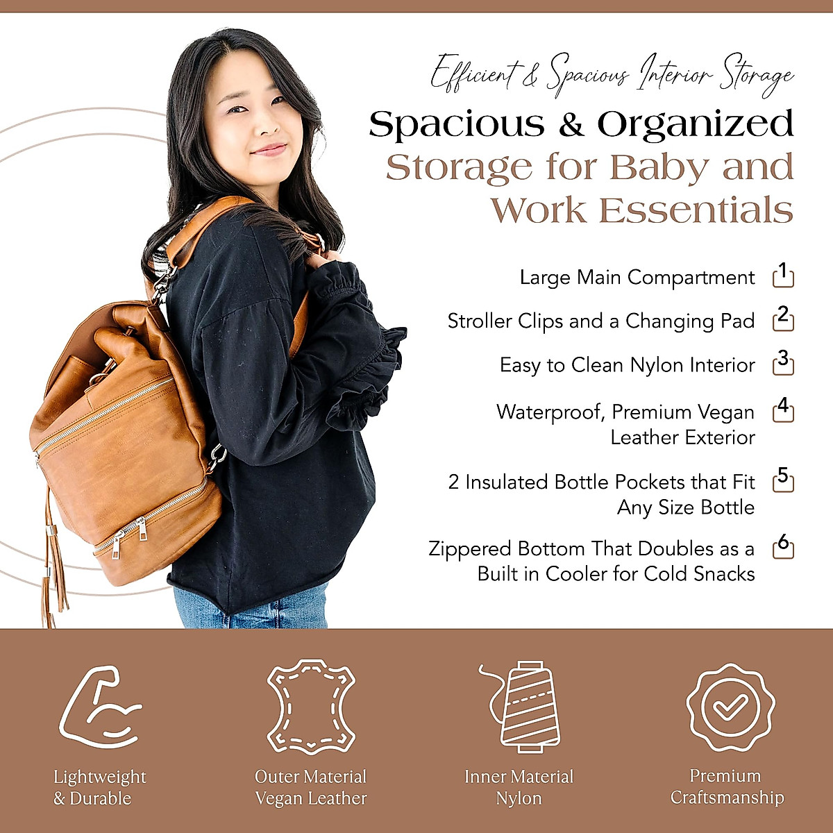 Citi Collective Journey Diaper Bag - Vintage Tan - Convertible Backpack to Shoulder or Crossbody - Waterproof Vegan Leather
