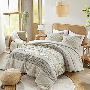 Hyde Lane Boho Gray Comforter Set King, Farmhouse Bedding Sets, Cotton Top with Modern Neutral Style Clipped Jacquard Stripes, 3-Pieces Including Matching Pillow Shams (104x90 Inches)