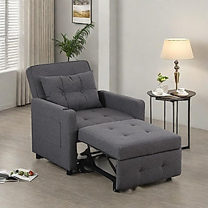 ChicFurnit Sleeper Chair, 3-in-1 Convertible Chair Bed with USB Ports, Pull Out Couch with Side Pocket, Adjustable Single Armchair Sofa Bed for Living Room, Apartments & Studios, Linen Grey