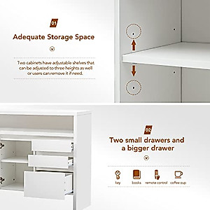 Modern Sideboard Buffet Server Storage Cabinet, Cupboard Console Table with Double-Storey Tabletop Wood Buffet Cabinet with Two Cabinets and Three Drawers for Living Room Kitchen Dining Room, White