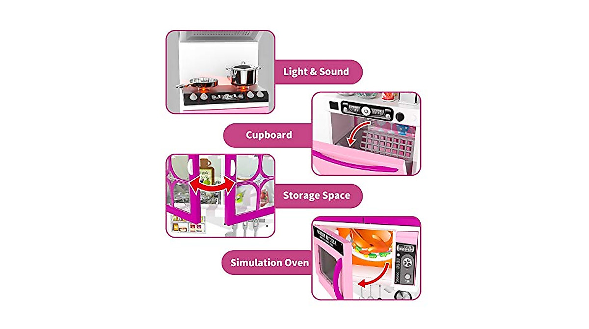 Temi Pink Kitchen Playset for Kids - Realistic Lights & Sounds