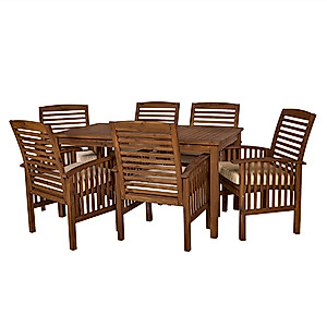 Walker Edison Rendezvous Modern 7 Piece Solid Acacia Wood Outdoor Dining Set, Set of 7, Dark Brown