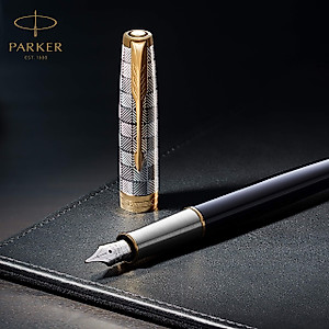 PARKER Sonnet Fountain Pen | Premium Metal and Blue Satin Finish with Chrome Trim | Fine 18k Gold Nib with Black Ink Cartridge | Gift Box