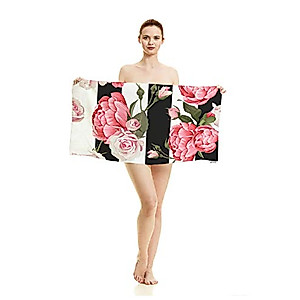 oFloral Peony and Rose Floral Hand Towels Cotton Washcloths,Pink Flower Green Leaves with Black White Stripes Soft Towels for Bathroom Kitchen,Hand Towel 15X30 Inch