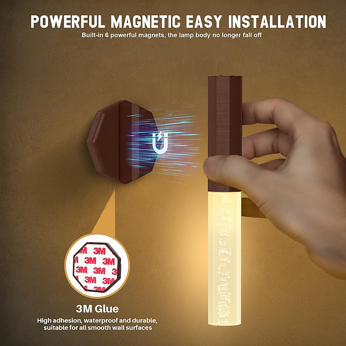 Ni-SHEN Motion Sensor Night Light Indoor with 3 Color Mode, Rechargeable Powerful Magnetic Body Wall Light Led Hallway Light, Battery-Operated Wooden Wall Sconce for Hallway, Stairway (Bubble)