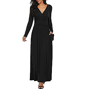 LILBETTER Womens Long Sleeve V-Neck Wrap Waist Maxi Dress(Black XX-Large)