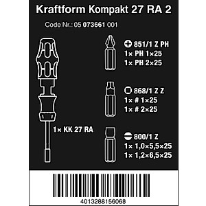 Wera 056490 Tool-Check Plus Bit Ratchet Set with Sockets - Metric & 05073661002 Kraftform Kompakt 27 RA Slotted Ratcheting Screwdriver, 1/4" Head, MULTI