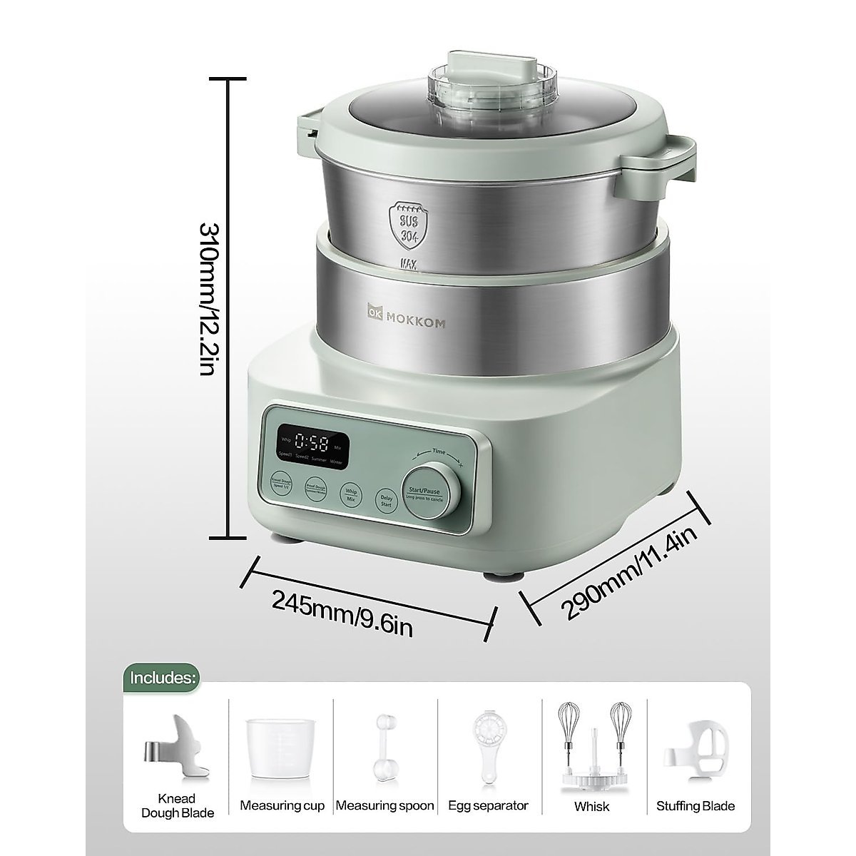 MOKKOM Electric Dough Maker with Proof Dough Function, Microcomputer Timing, 4.5Qt 304 Stainless Steel Bowl, Dough Mixer with Stuffing Blade, Green