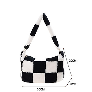 JQWSVE Fluffy Tote Bag Furry Shoulder Bag for Women Black and White Checkered Bag Large Plush Bag Fluffy Purse for Autumn and Winter